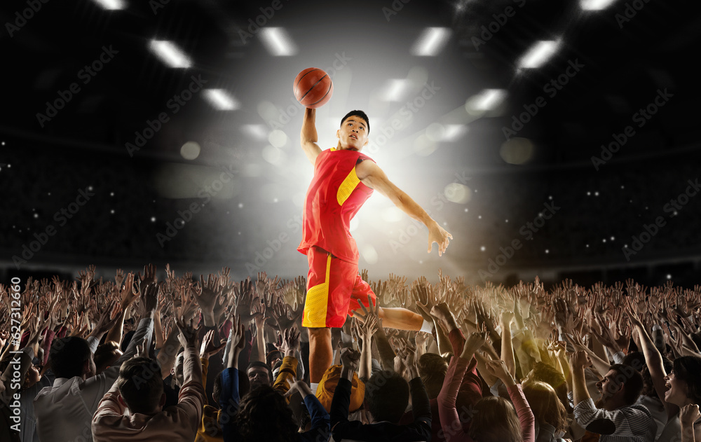 Collage with young asian basketball player with ball in hands jumping ...