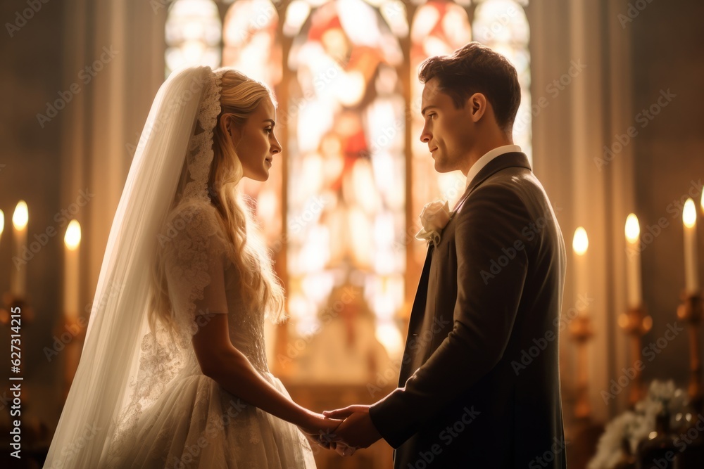 Intimate moment of a husband and wife at their wedding, expressing vows ...