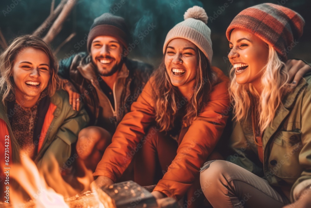 Joyous group of millennials laughing and bonding around a campfire ...