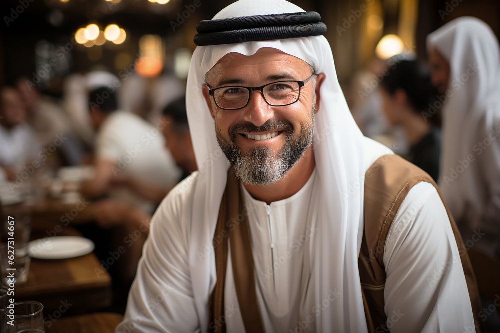 Islamic holiday of Eid al adha with hajj mabrour, smiling man in ...