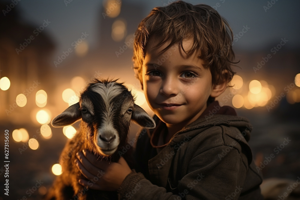 Muslim boy take a goat for sacrifice with bokeh mosque background in ...