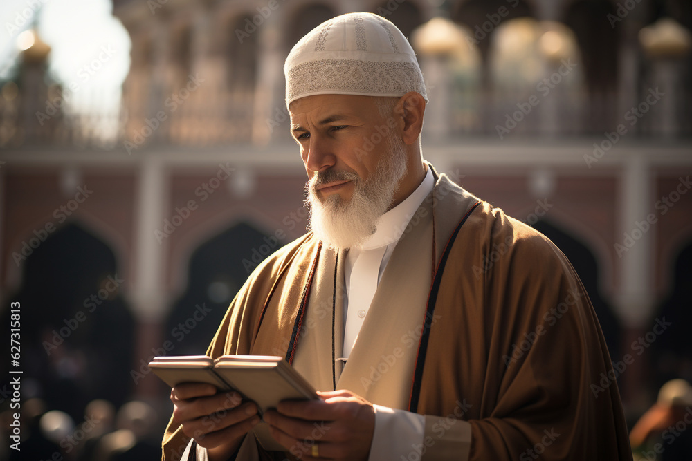 Foto de Muslim old man sitting and holding Quran with view of mosque ...