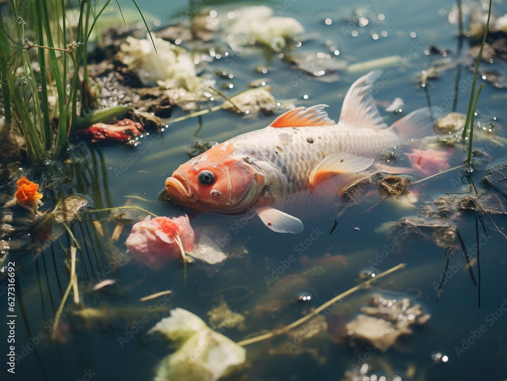 Dead fish in a dirty lake with garbage, in a bad environment ...