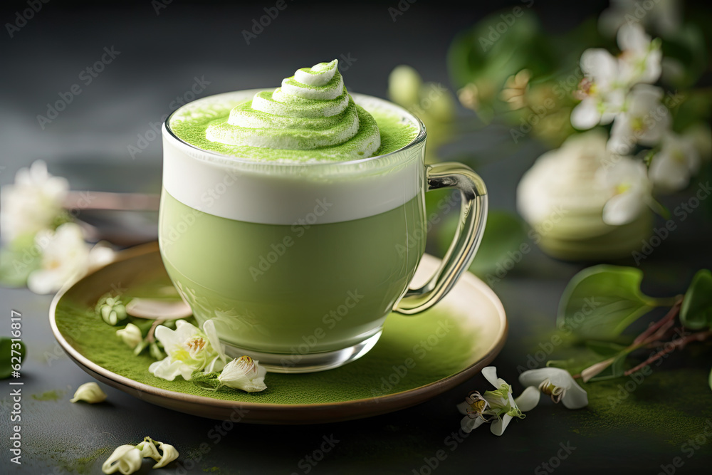 Matcha latte green milk foam cup. Trendy powered tea trend from Japan ...