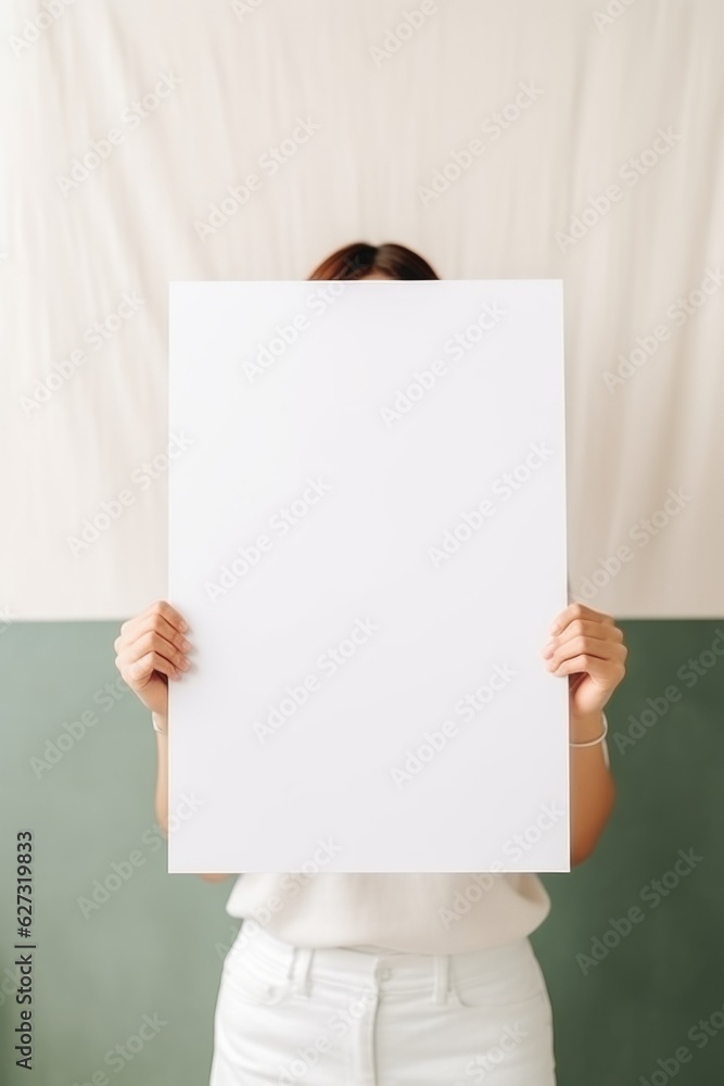 A woman holding up a white sign in front of her face. Mockup for your ...