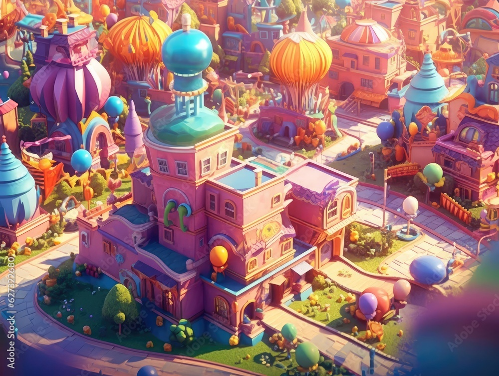 The Soft Popstyle amusement park bursts with color and whimsy. Brightly ...