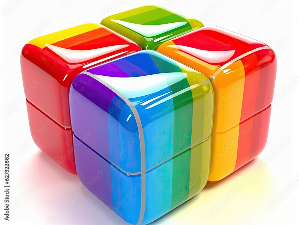 The artwork depicts a 3D rainbow-colored cube with smooth, rounded ...