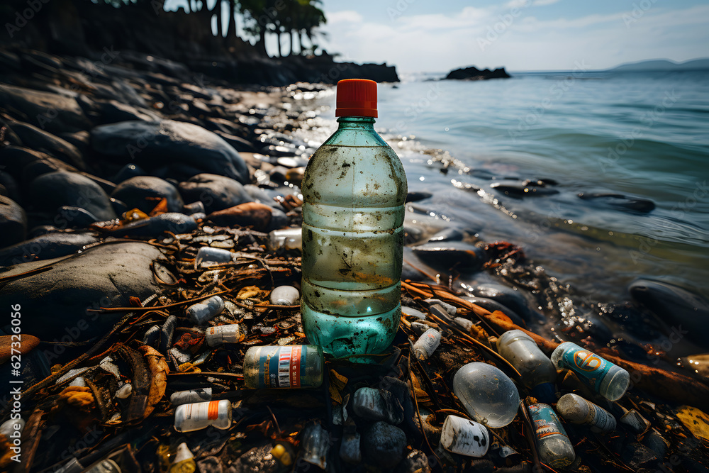 Plastic bottles plastic pollution on a beach waterfront recycling waste ...
