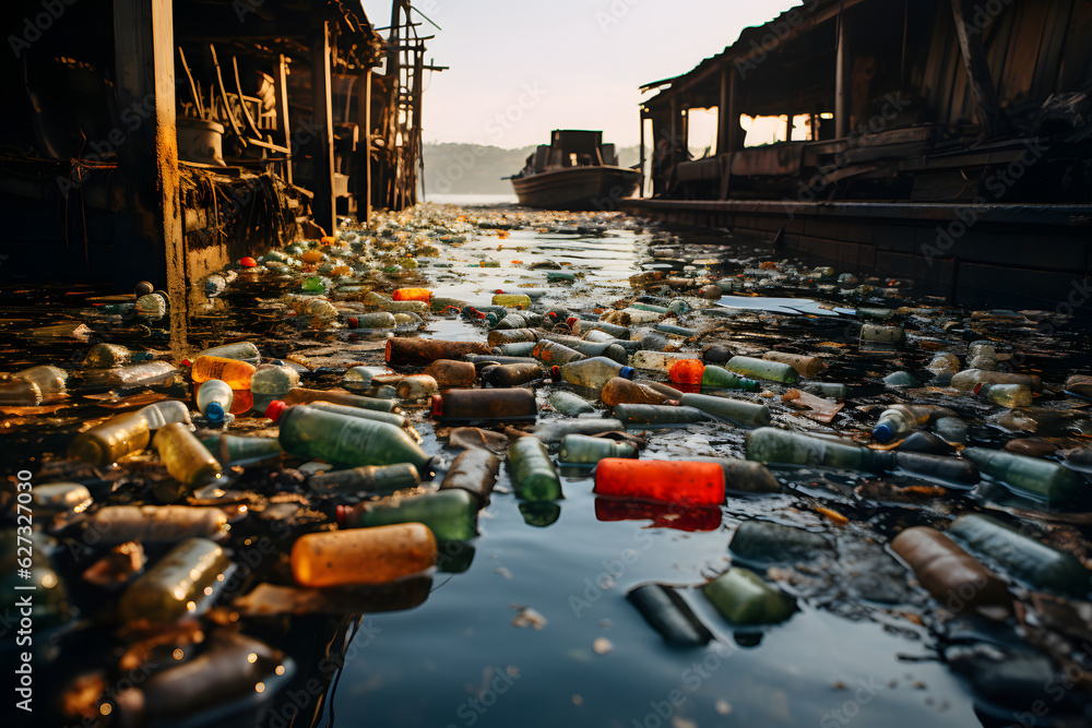 Plastic bottles in canal garbage floating in water plastic pollution ...