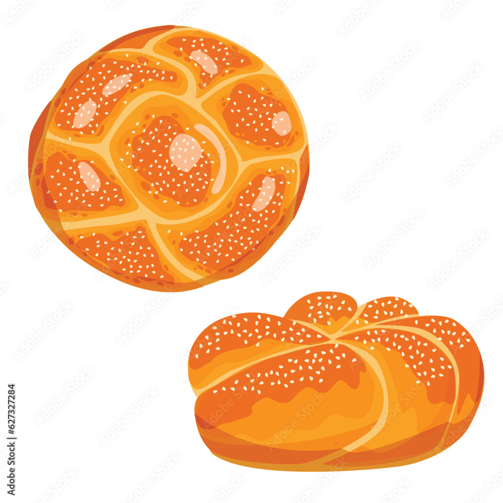 Round Challah bread vector illustration. White yeast braided bread ...