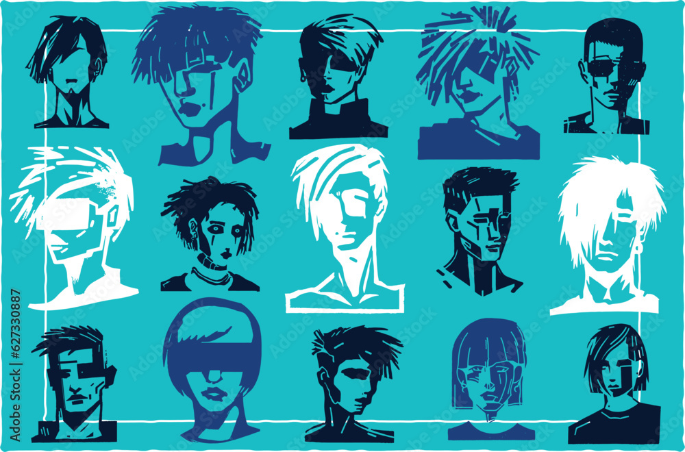 Abstract cyberpunk face portraits vector. Hand Drawn, minimal ...