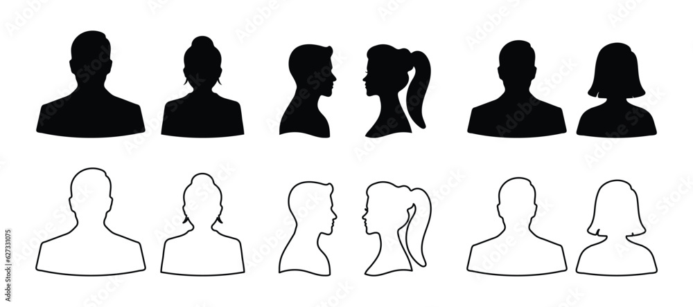 Male and female silhouettes front and side. Head specific half human ...