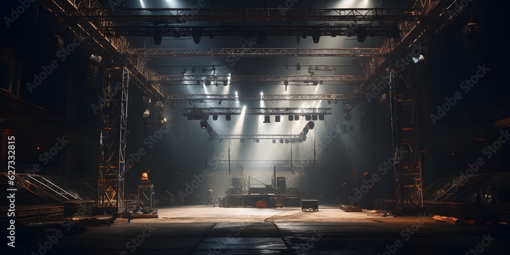 A Live stage production being built in an old warehouse. Stage rigging ...