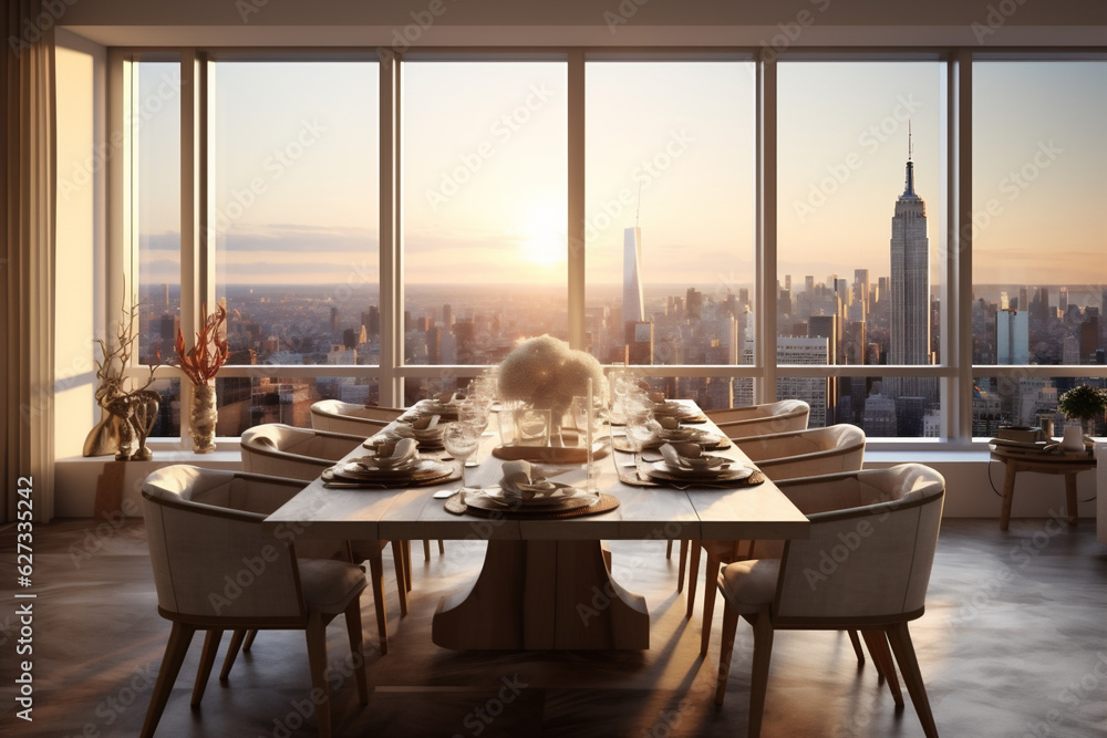 Interior of empty restaurant dinning hall in the midtown New York City ...