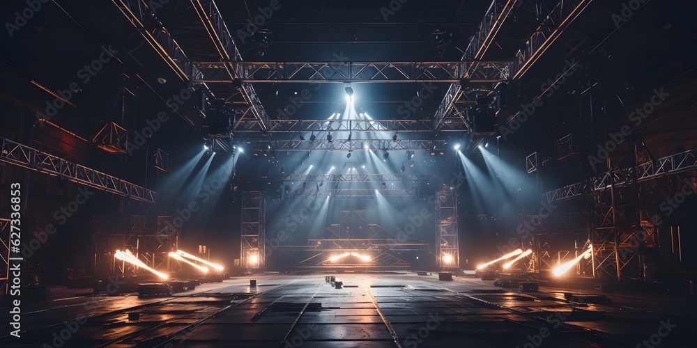 A Live stage production being built in an old warehouse. Stage rigging ...