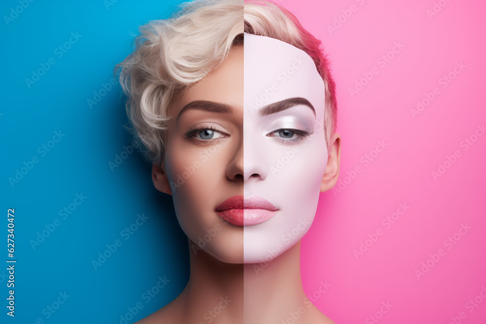 Gender transition concept with image of a frontal face split in two ...