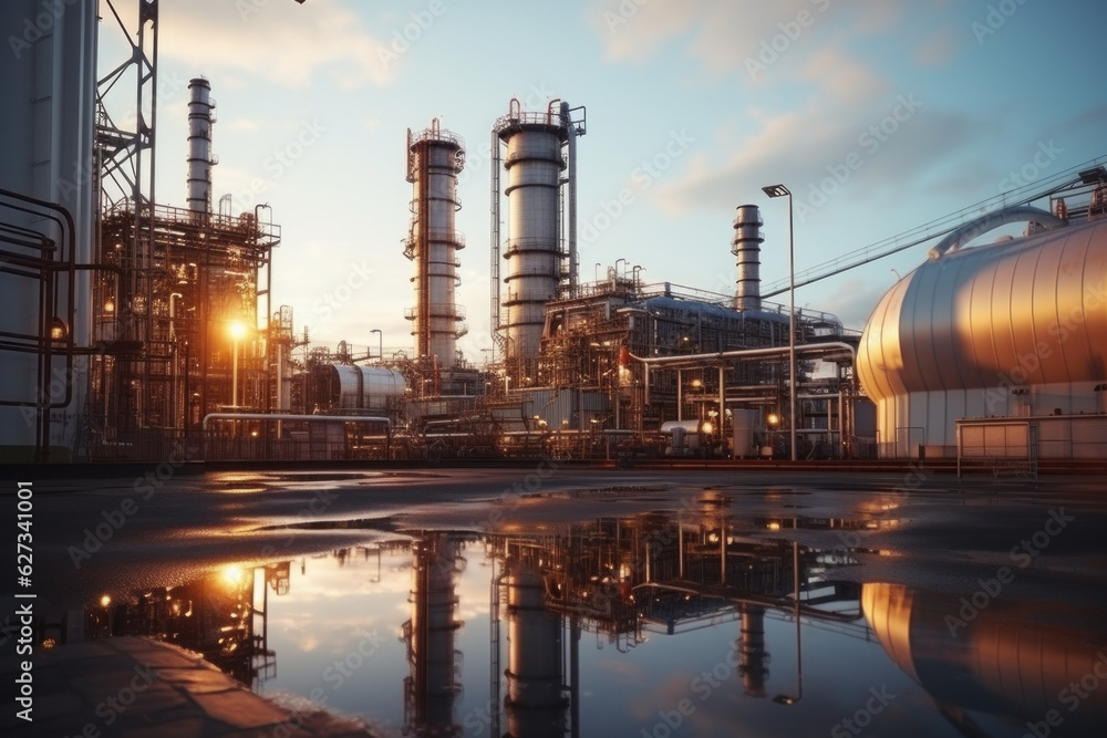 Outside an oil refinery. Pipes, oil, installations for oil. Factory ...