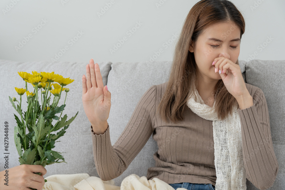 Pollen Allergies, asian young woman sneezing in a handkerchief or ...