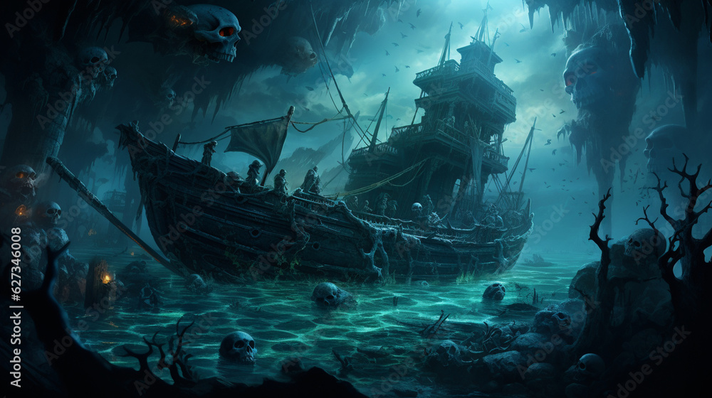 A spooky underwater scene with ghostly shipwrecks and eerie sea ...