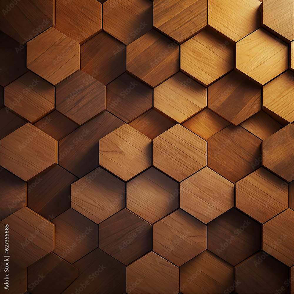 Geometric fall made from wooden Hexagon 3d. Front View Stock Photo ...
