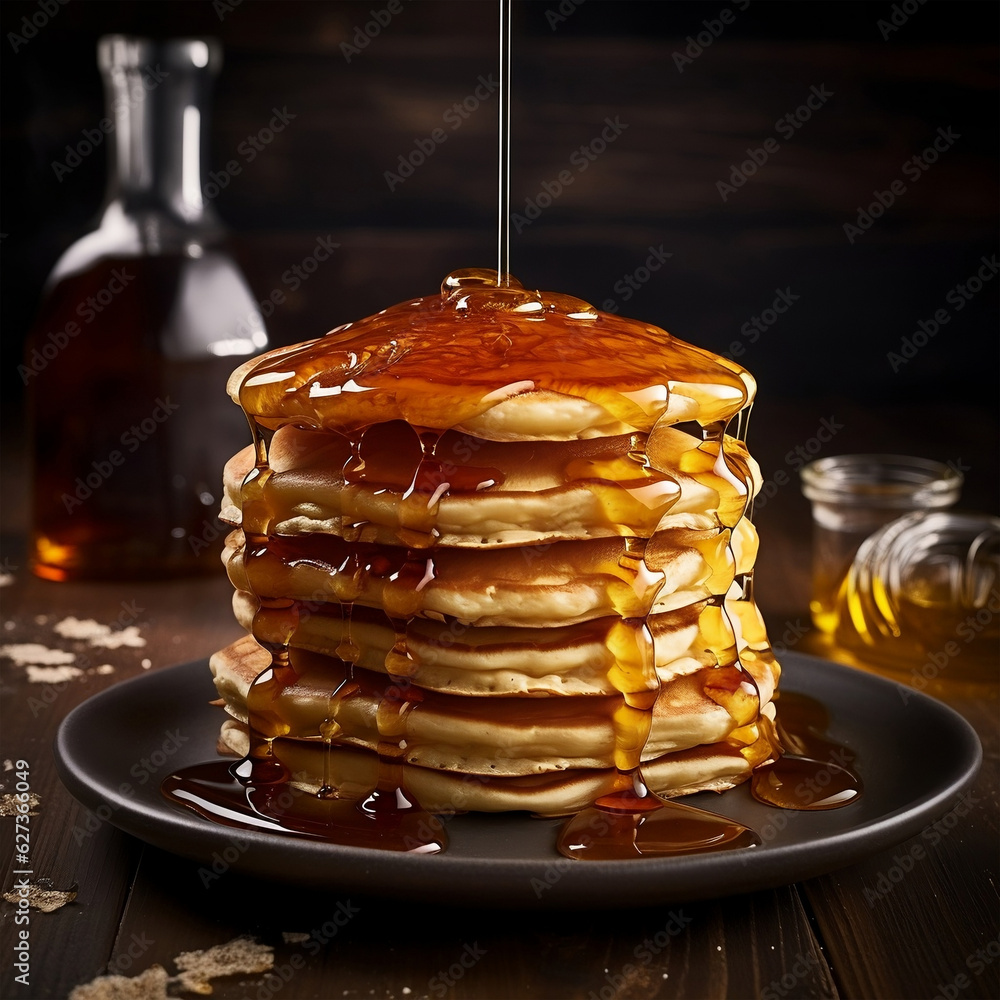 Towering stack of pancakes covered in maple syrup and butter. AI ...