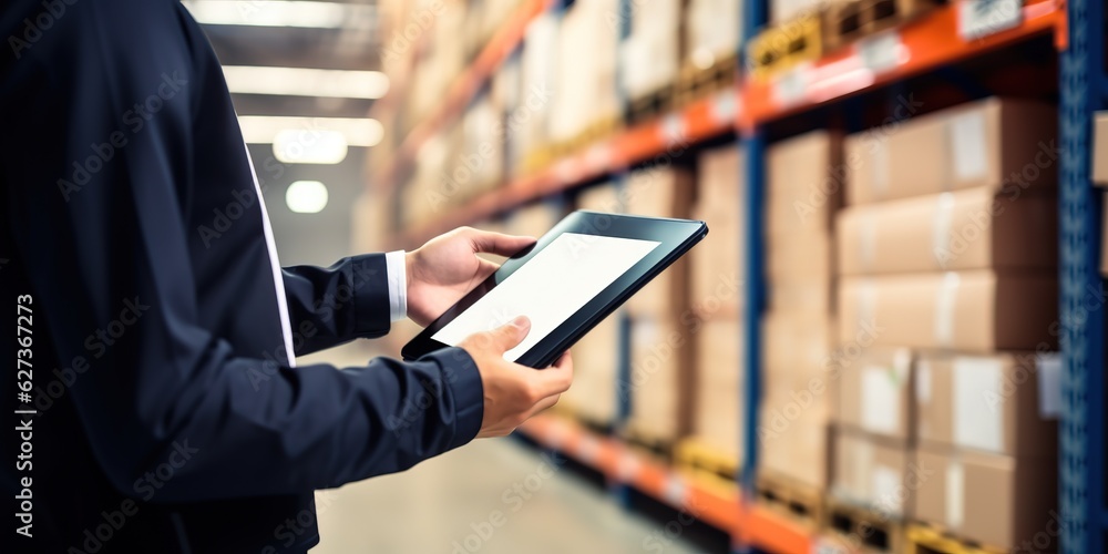 Warehouse management system with barcode reader and tablet PC. Stock ...