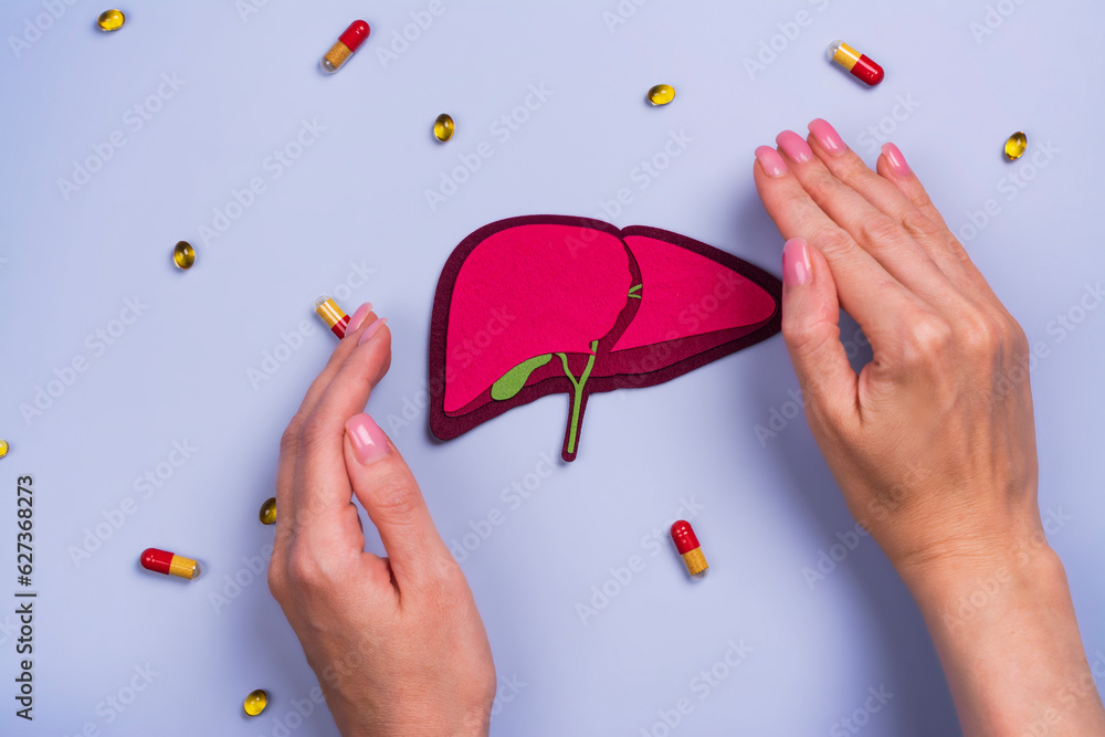 Hands protecting liver and pills around. World hepatitis day. National ...