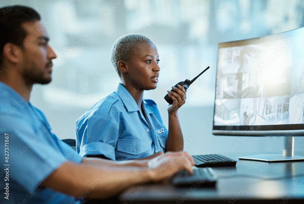 Foto de Security guard, safety and control room with a radio and ...