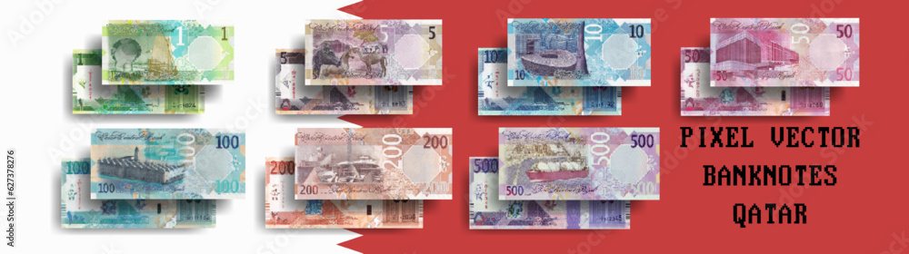 Vector pixelated mosaic set of Qatar banknotes. Bills in denominations ...