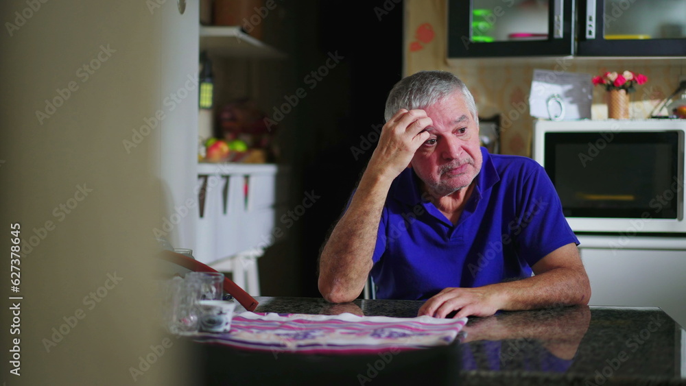 Preoccupied senior man at kitchen table ruminating problems, candid ...