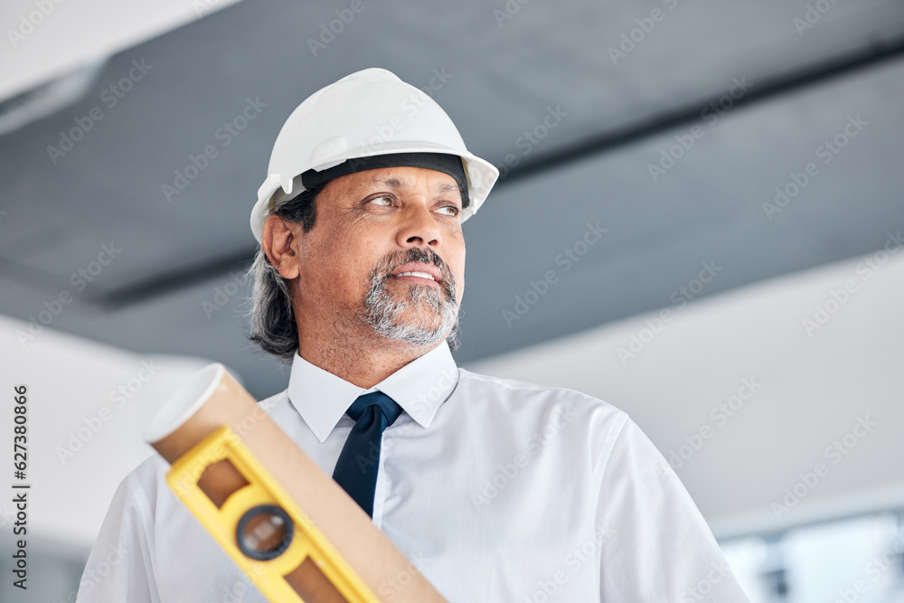 Architecture man, thinking and floor plan for office construction ...