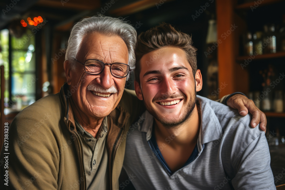 Adult hipster son fun hugging old senior father at home, two ...