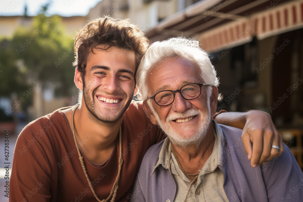 Adult Hipster Son Fun Hugging Old Senior Father At Home Two