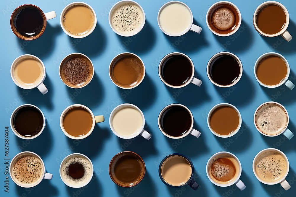 Top view of different mugs with assorted coffee varieties isolated on ...