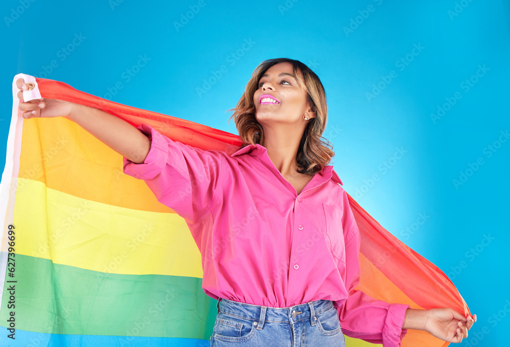 Lgbtq, lesbian and woman with support, pride flag or equality on blue ...