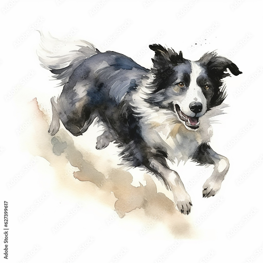 Watercolor illustration of a full body border collie running on a white ...