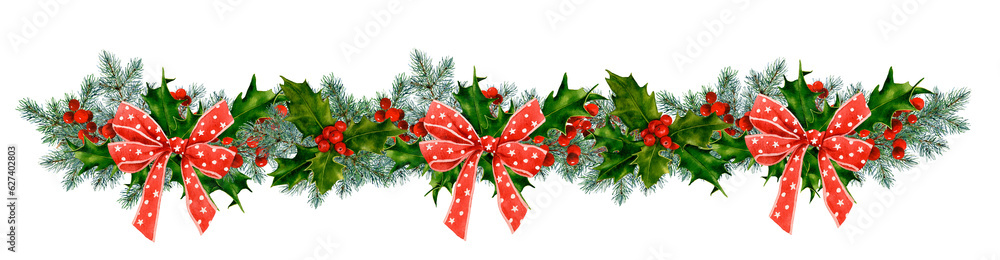 A long colorful Christmas garland with fir branches, holly, red ...