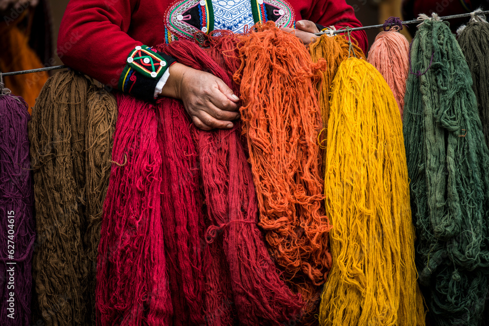 Quechuan women of Chinchero weaving in traditional ways for sale; Cusco ...