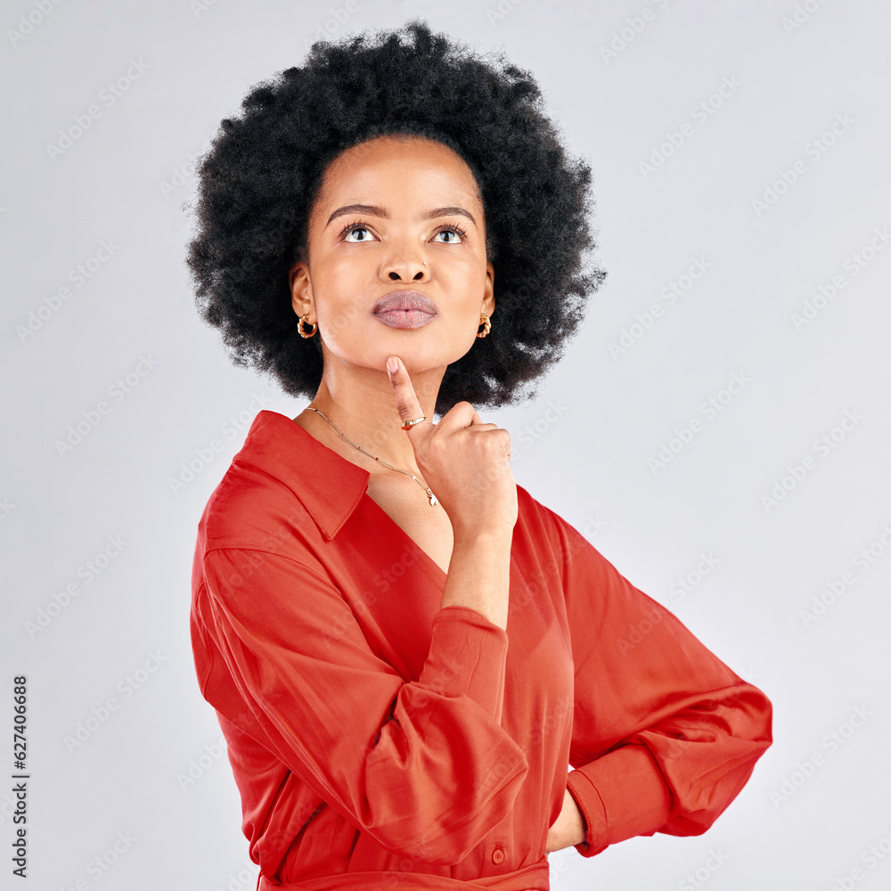 Black woman, thinking and ideas in studio, white background and vision ...