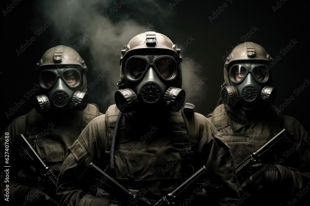 Soldiers in military gear and bulletproof vests and gas masks cover ...