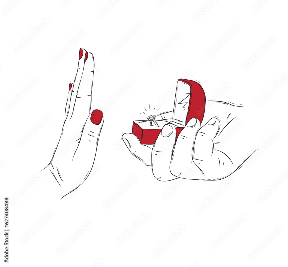Woman hand reject marriage proposal with ring in jewelry box drawing on ...