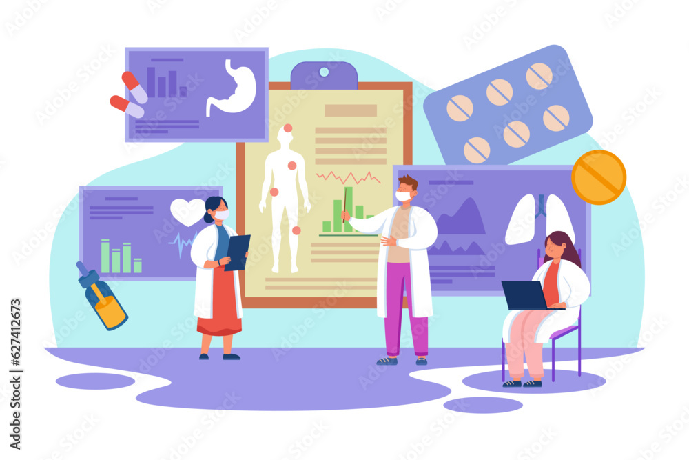 Doctors with medical charts and medication vector illustration. Cartoon ...