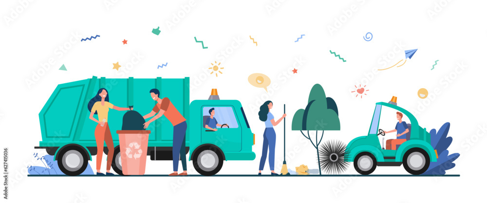 Happy volunteers cleaning city vector illustration. People sweeping and ...