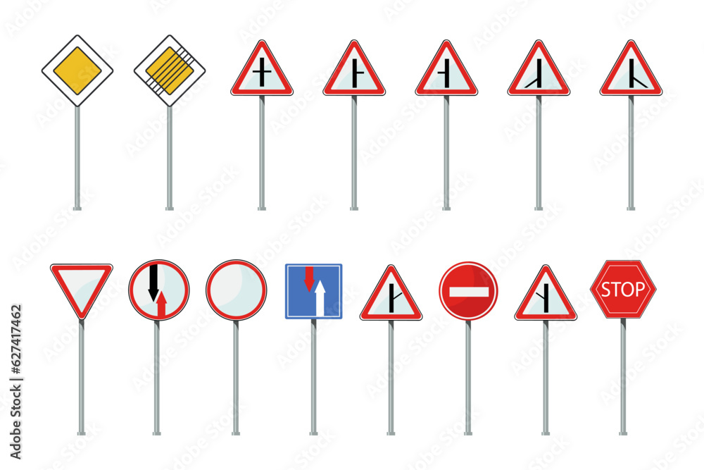 Direction and warning road signs vector illustrations set. Collection ...