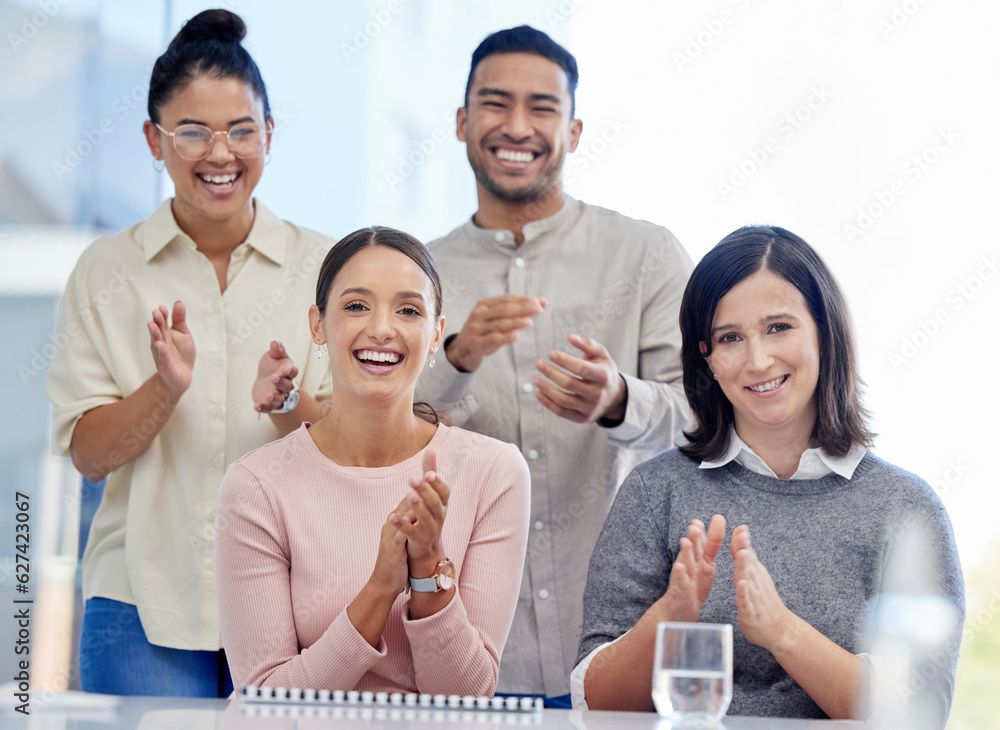 Clapping, group portrait and business people for success, winning and ...