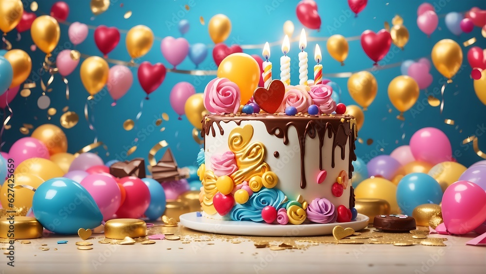 Happy birthday celebration with colorful balloons, candles, chocolate ...