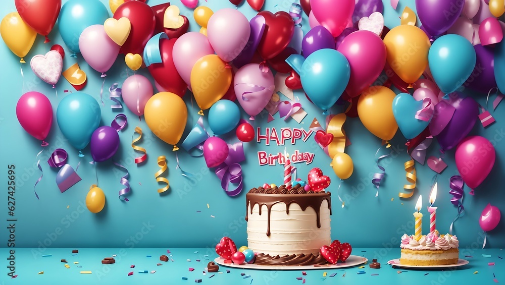 Happy birthday celebration with colorful balloons, candles, chocolate ...