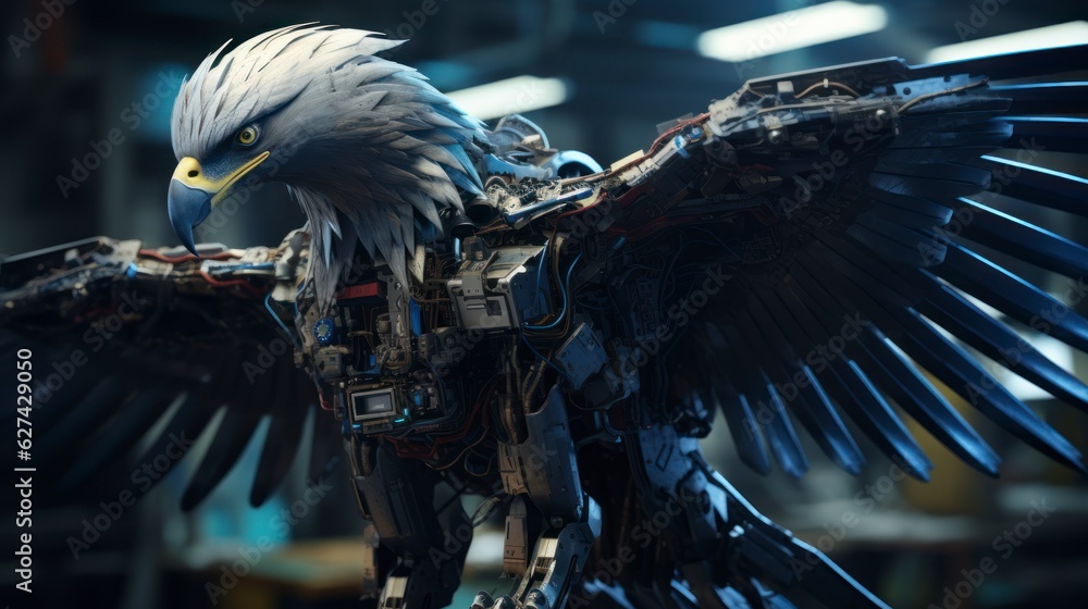 Cybernetic eagle with electromagnetic wings futuristic illustration ...