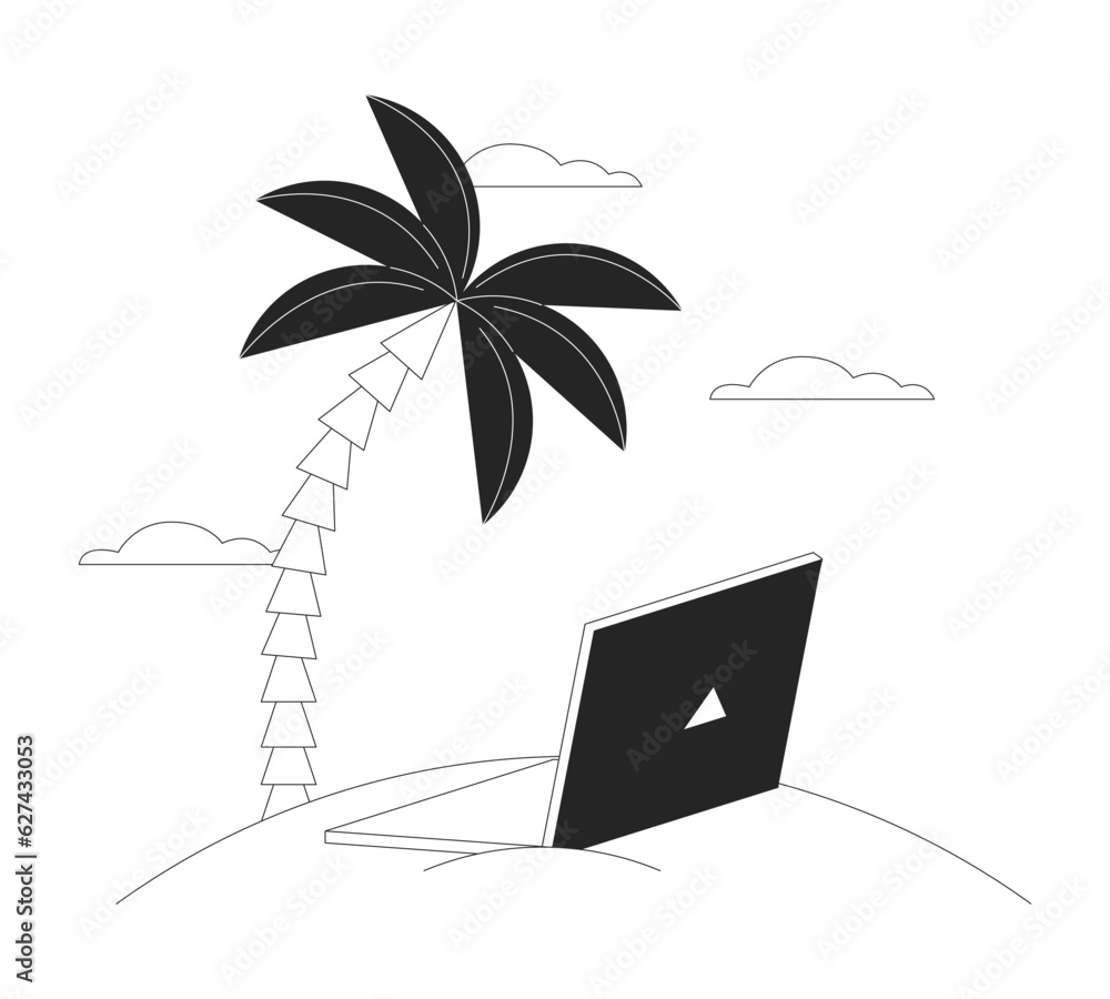 Laptop on beach flat monochrome isolated vector object. Remote work ...