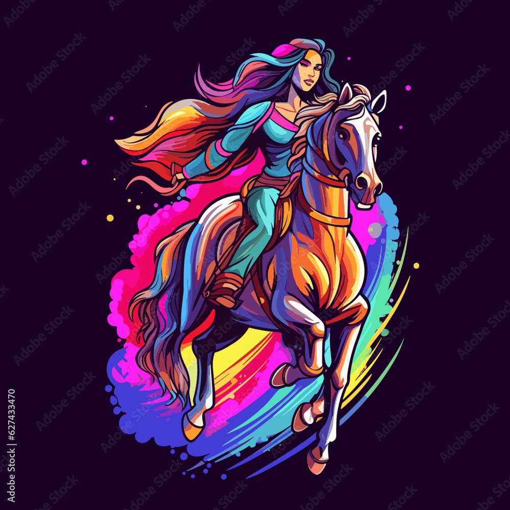 Female horse rider riding outdoors on her lovely horse. Cartoon vector ...